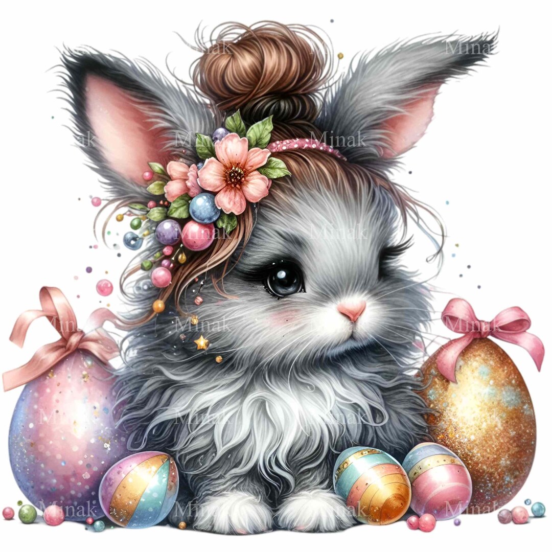 10 Easter Bunny PNG Clipart - Fluffy Bunny With Floral Crown & Easter ...