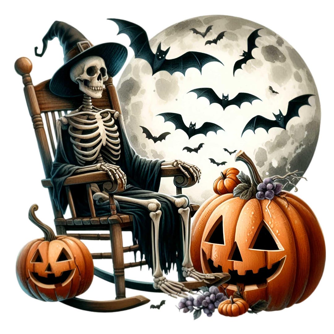 Spooky Skeleton in Rocking Chair PNG, 12 Halloween Night Clipart, Witch ...