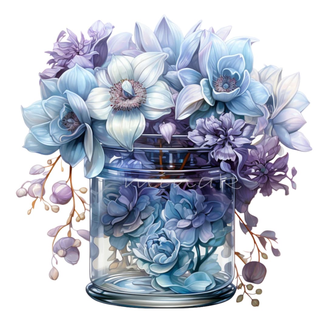 Blue Floral Arrangement Clipart PNG - 10 Elegant Flowers in Glass Vase ...