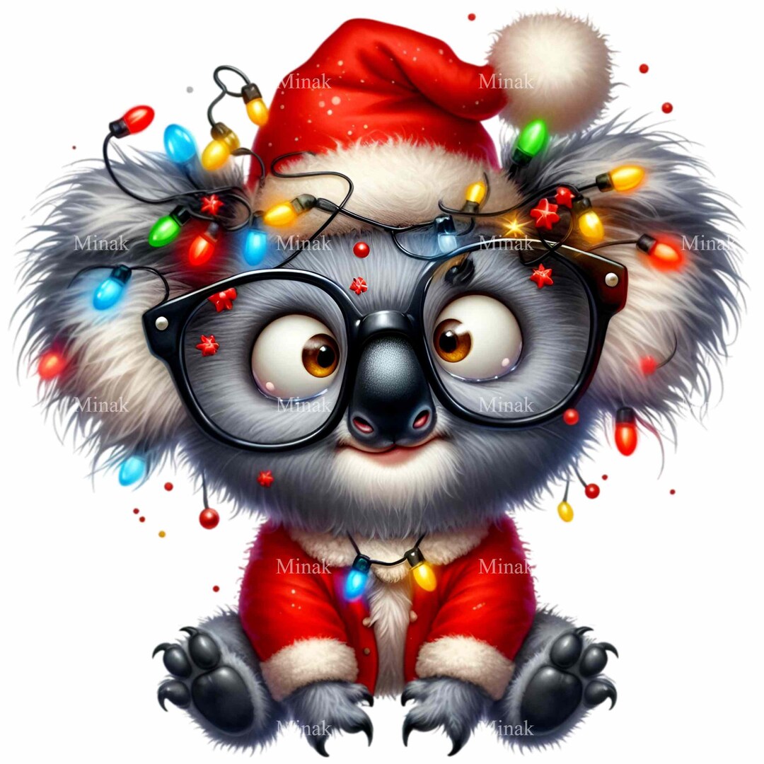14 Funny Christmas Koala PNG Clipart With Glasses, Santa Hat and Lights ...