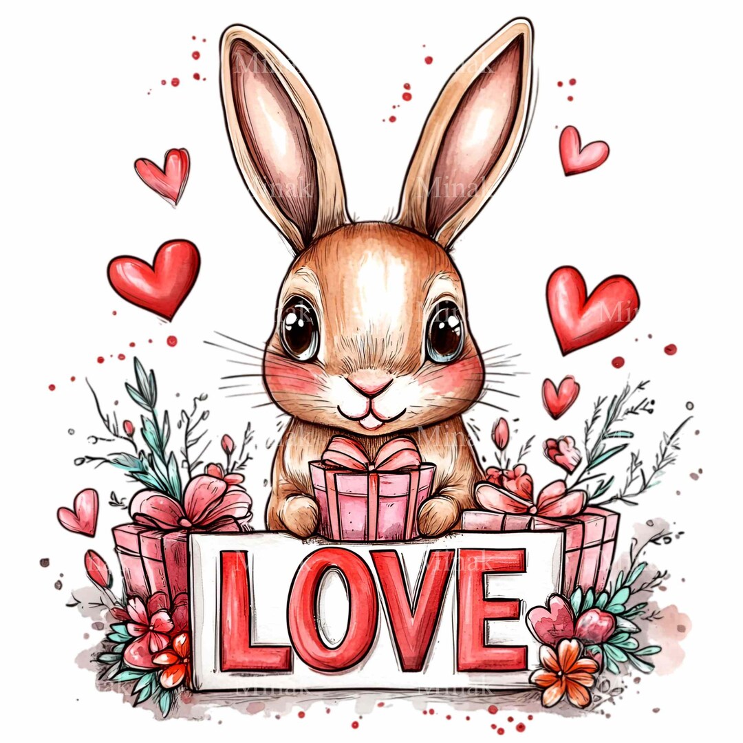 12 Valentine Bunny PNG Clipart - Cute Rabbit Holding Gift With Love ...