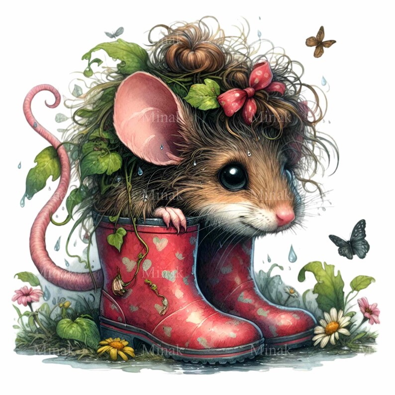 12 PNG Mouse in Boot Clipart, Garden Floral Illustration - Etsy