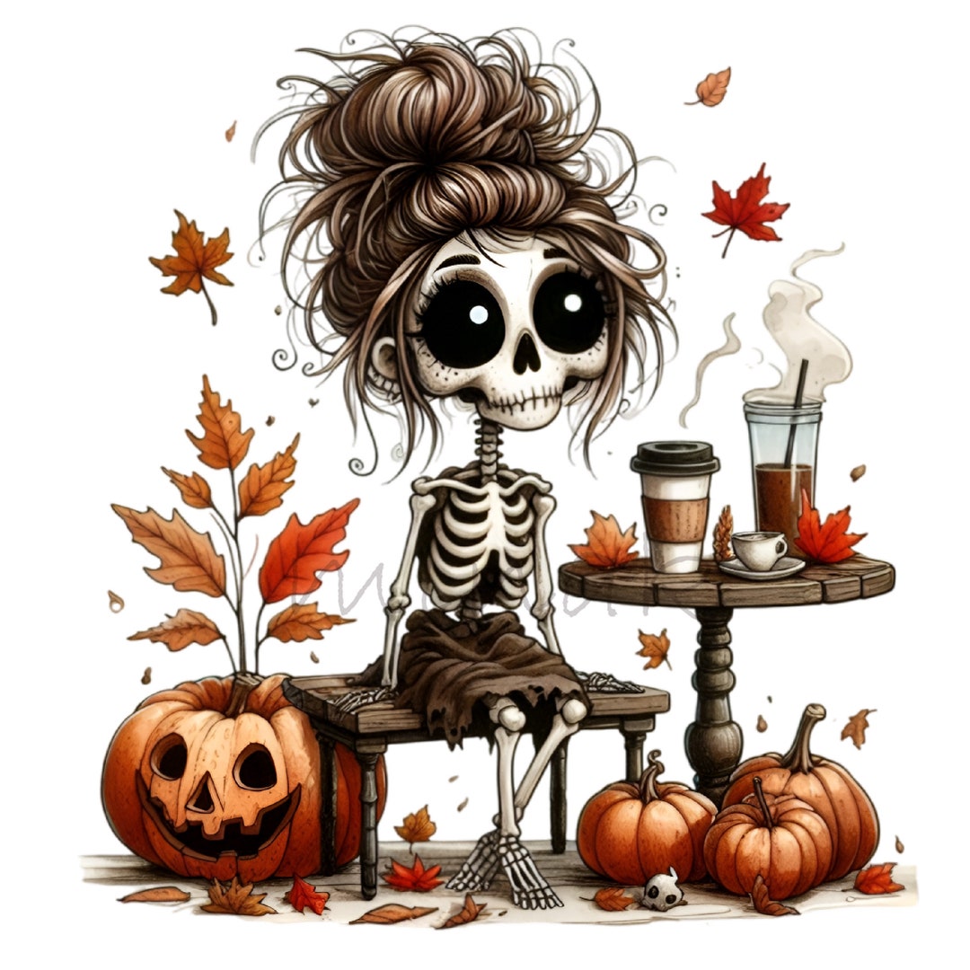 10 Spooky Skeleton Girl PNG, Gothic Fall Coffee Clipart, Cute Halloween ...