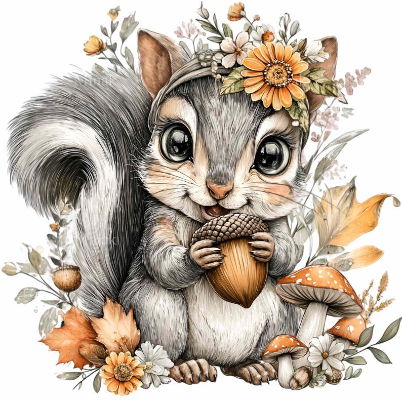 10 PNG Autumn Squirrel – Cute Woodland Animal Clipart – Fall Acorn Art ...