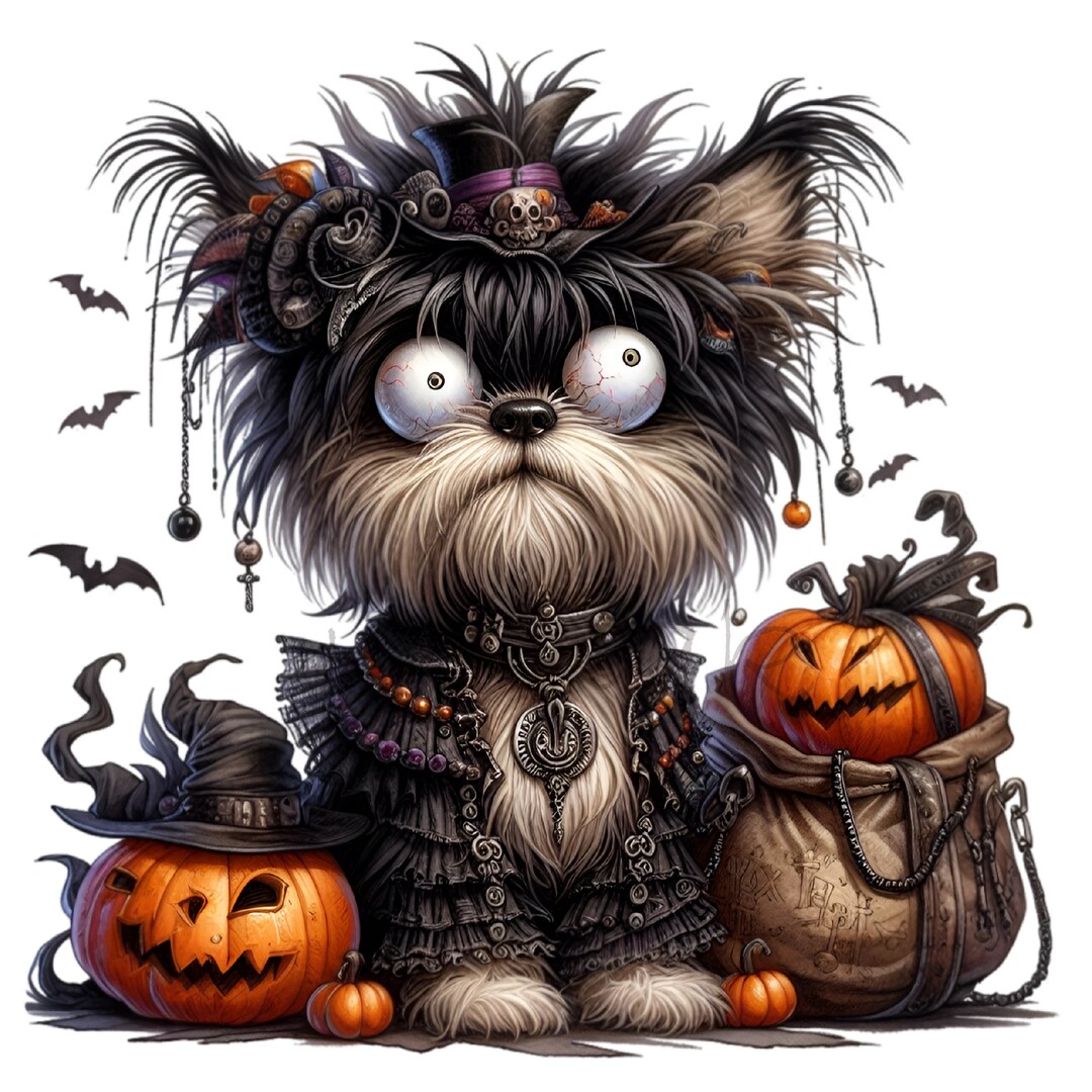 Spooky Halloween Dog Clipart PNG 12 Gothic Pup With Pumpkins and Bats ...