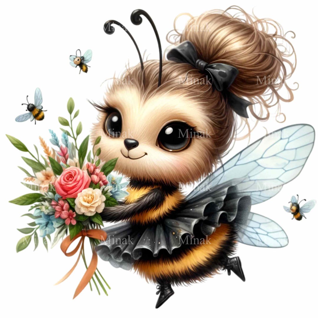 14 PNG Cute Bumble Bee Girl With Flowers Clipart, Baby Bee Bow Bouquet ...