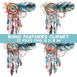 Feathers Clipart Bundles, 22 PNG Boho Watercolor Beaded Plumes Garland ...