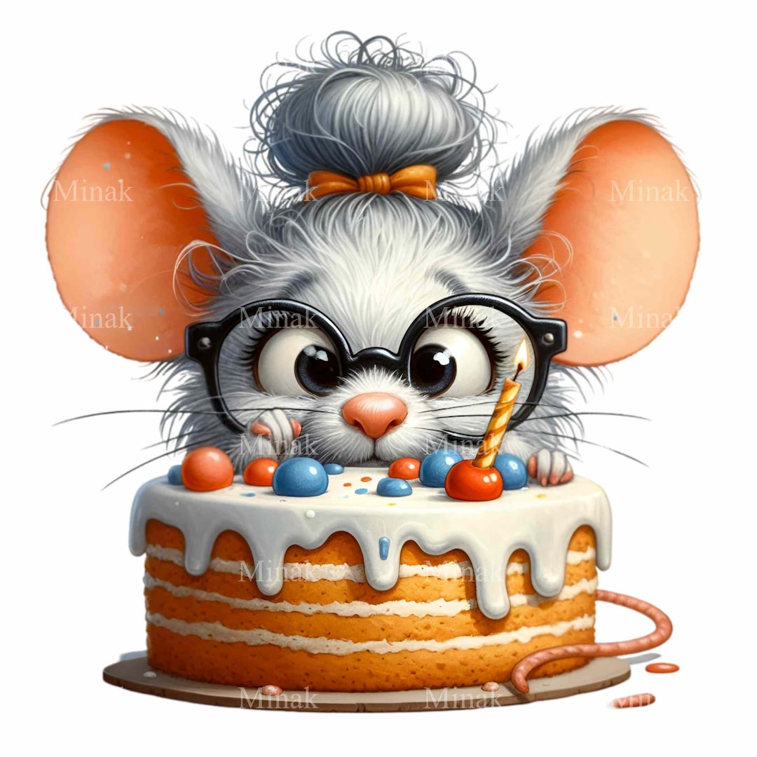 14 Mouse With Glasses and Birthday Cake PNG Clipart - Whimsical Animal ...