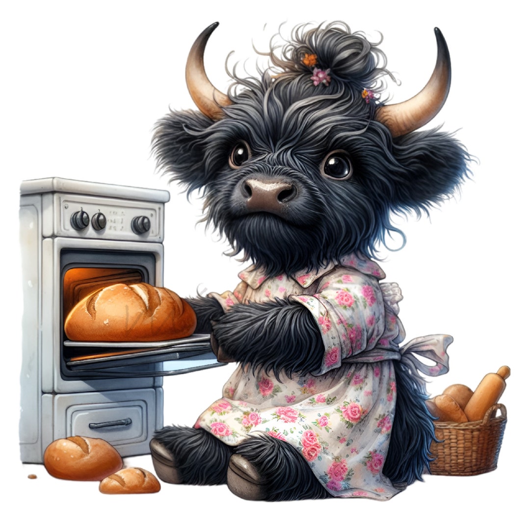 12 PNG Cute Highland Cow Baking Clipart - Adorable Cow in Floral Dress ...