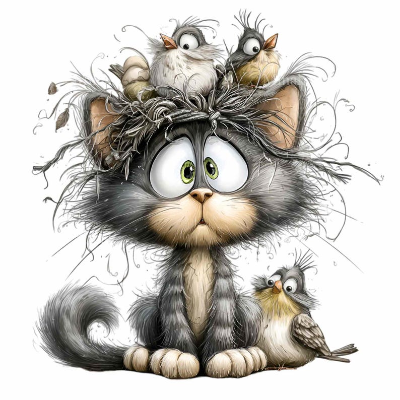 15 PNG Cat With Birds Clipart - Funny Kitten Digital Download for ...
