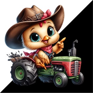 12 Farm Chicken Clipart PNG, Cute Chick With Straw Hat on Red Tractor ...