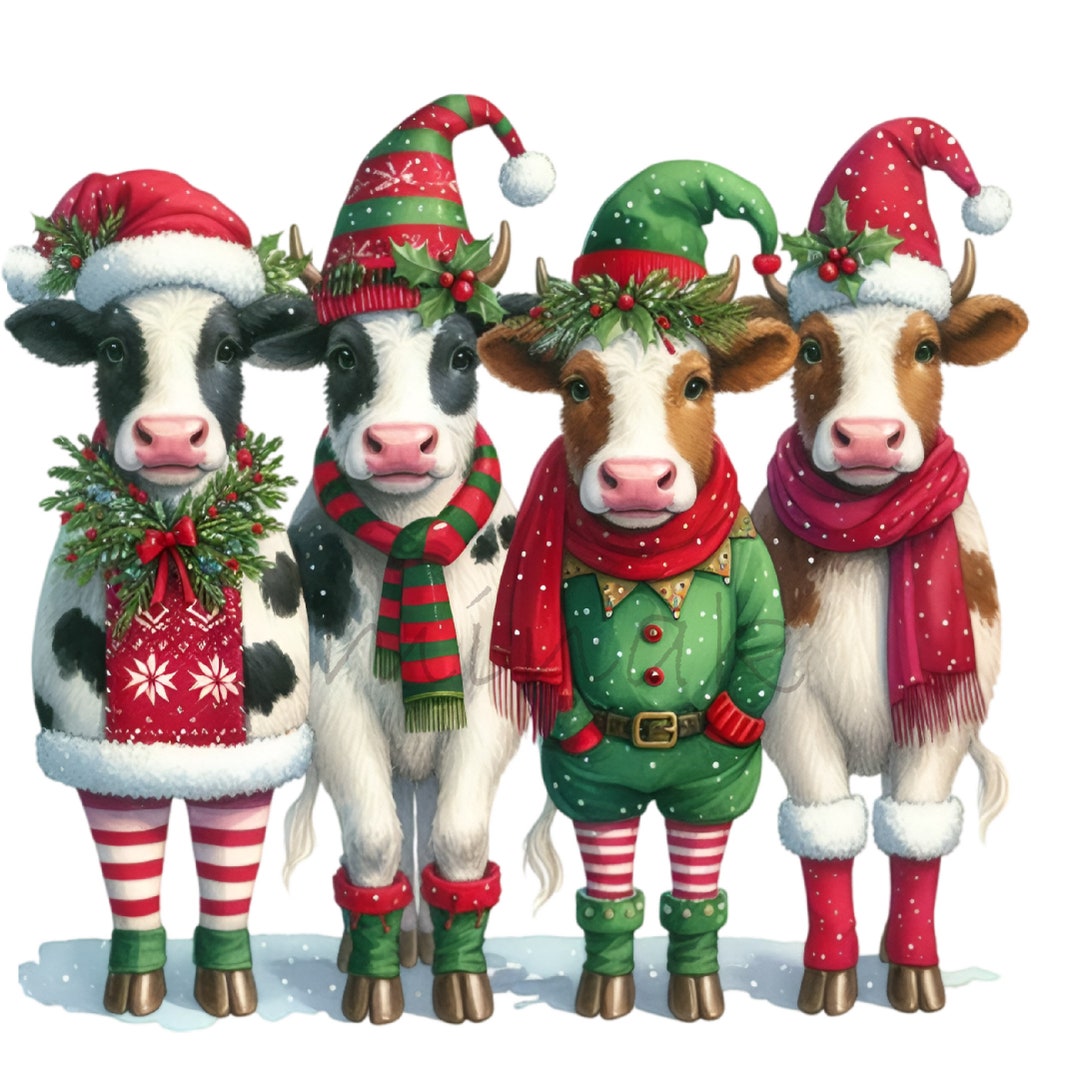 Christmas Cows Clipart, 12 Festive Holiday Cow PNG, Santa and Elf Cow ...