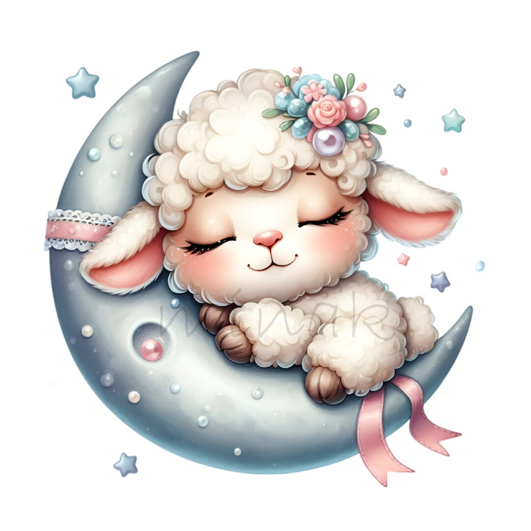 10 PNG Sleeping Lamb on Moon, Watercolor Sheep Clipart Night Sky ...