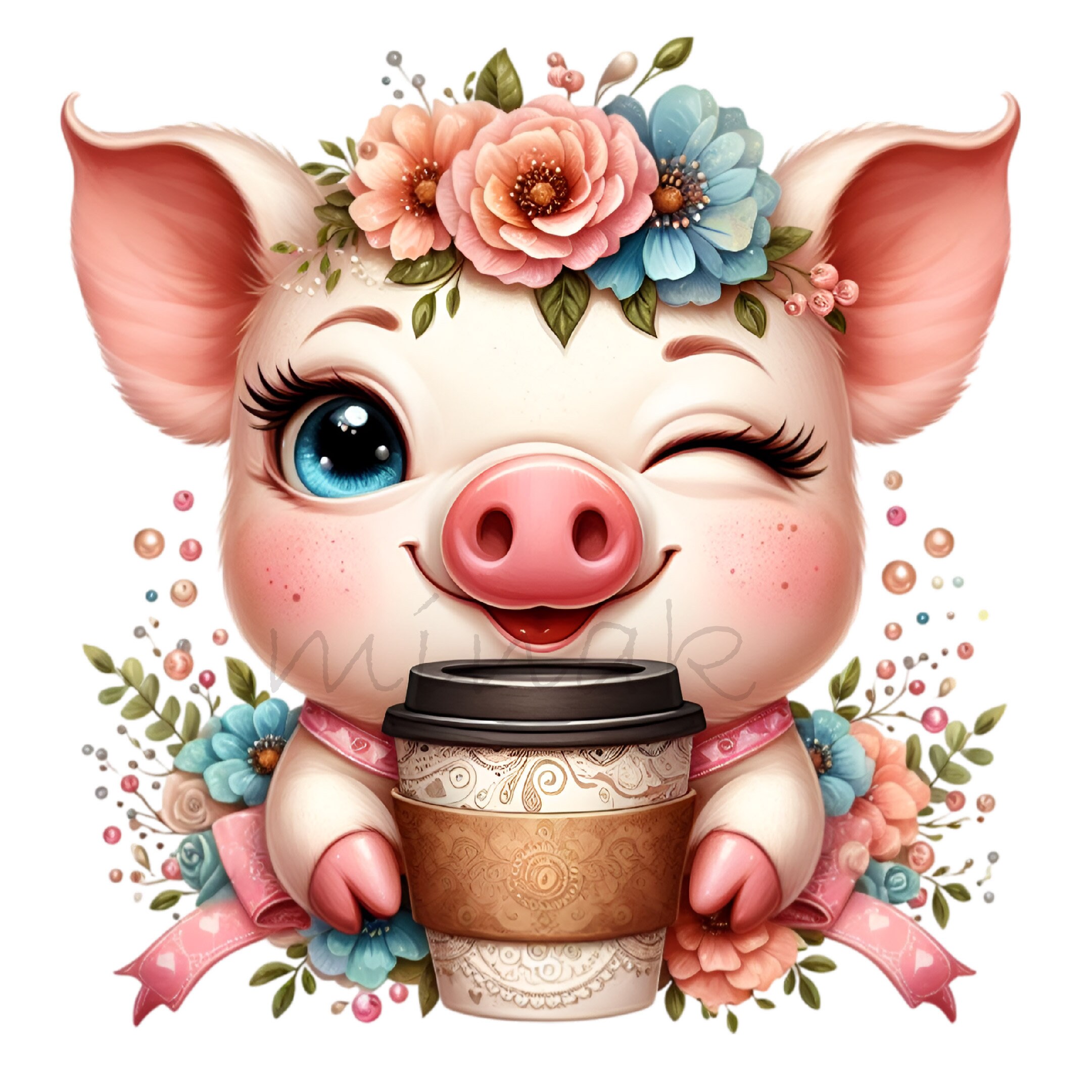 14 PNG Coffee Pig Clipart – Winking Pig With Floral Latte, Funny Farm ...
