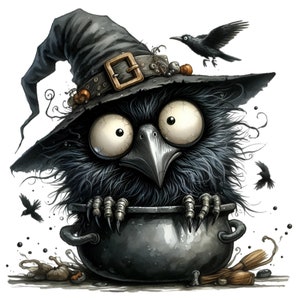 Crazy Crow With Witch Hat and Cauldron 12 PNG Quirky Bird Funny Cartoon ...