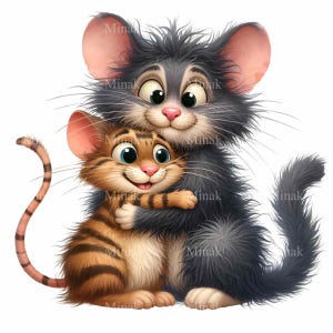 14 Funny Cat and Mouse PNG Clipart, Cute Fluffy Kitten Hugging a Mouse ...
