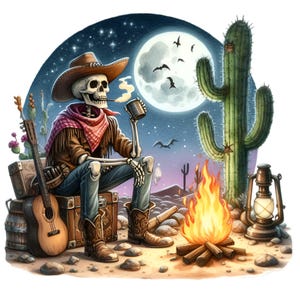 Skeleton Cowboy by Campfire Clipart PNG 12 Spooky Desert Night With ...