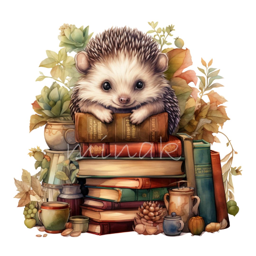 20 PNG Hedgehog With Books Clipart, Reading Animal Illustration ...