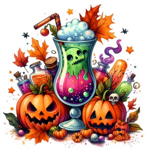 Bubbling Halloween Potions With Skulls and Pumpkins Watercolor Clipart ...