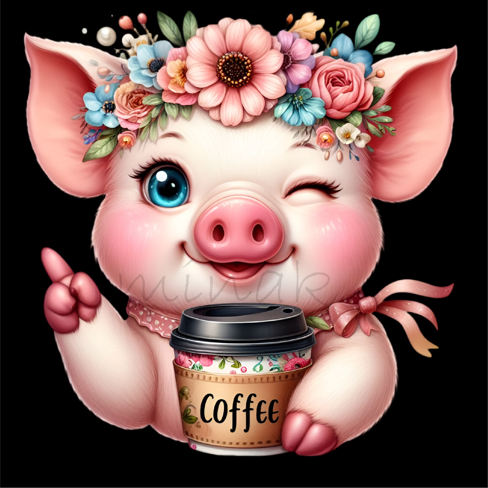 14 PNG Coffee Pig Clipart – Winking Pig With Floral Latte, Funny Farm ...