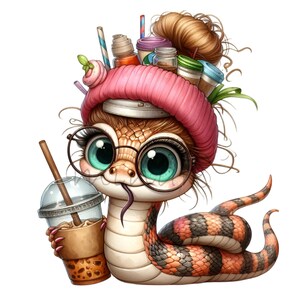 15 Funny Snake Drinking Coffee Cartoon Clipart Printable Digital Comics ...