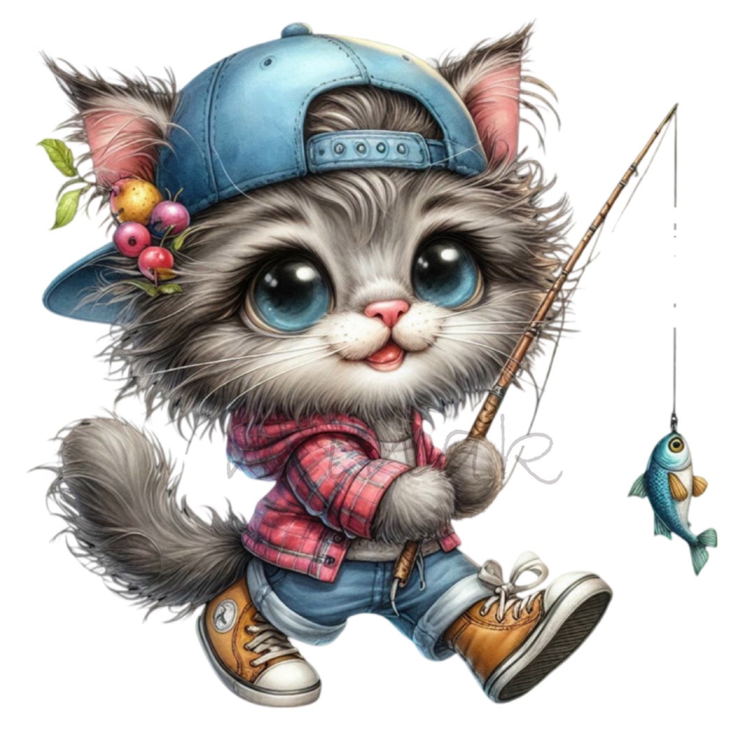 Cute Cat Fishing 14 PNG Funny Kitten Kids Comics Cartoon Illustration ...