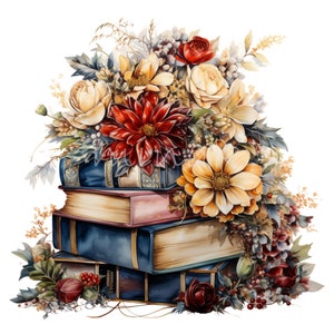 Vintage Book Stack PNG Clipart | 10 Floral Books Arrangement | Elegant ...