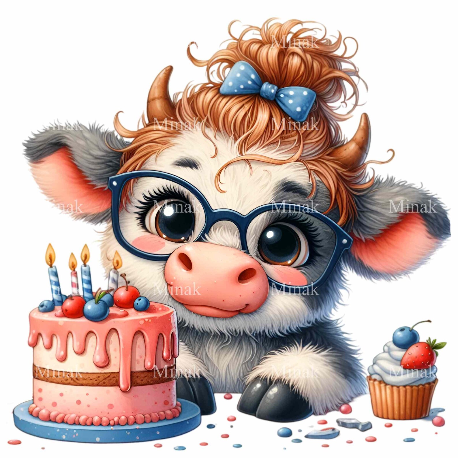 12 PNG Birthday Cow Clipart, Messy Bun Heifer Sublimation, Cake Party ...