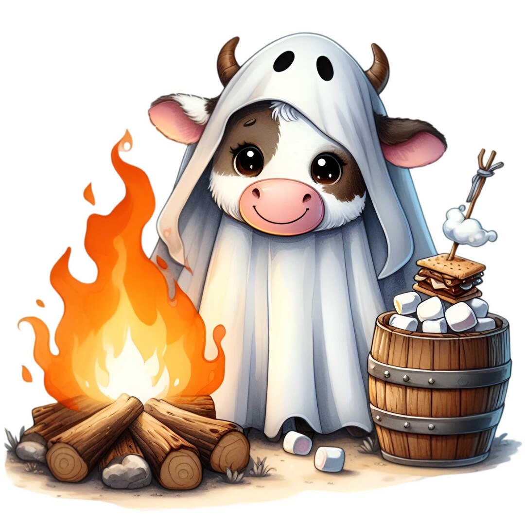 Cute Ghost Cow Clipart PNG, 10 Adorable Halloween Campfire Scene ...