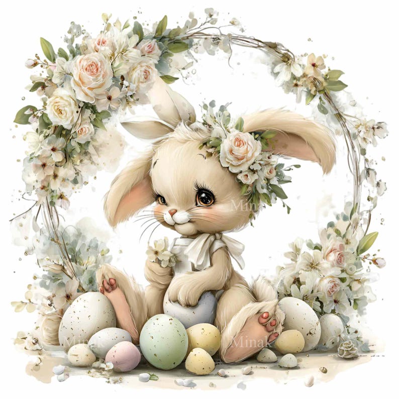 15 PNG Spring Bunny, Easter Rabbit Clipart With Eggs Floral Wreath ...