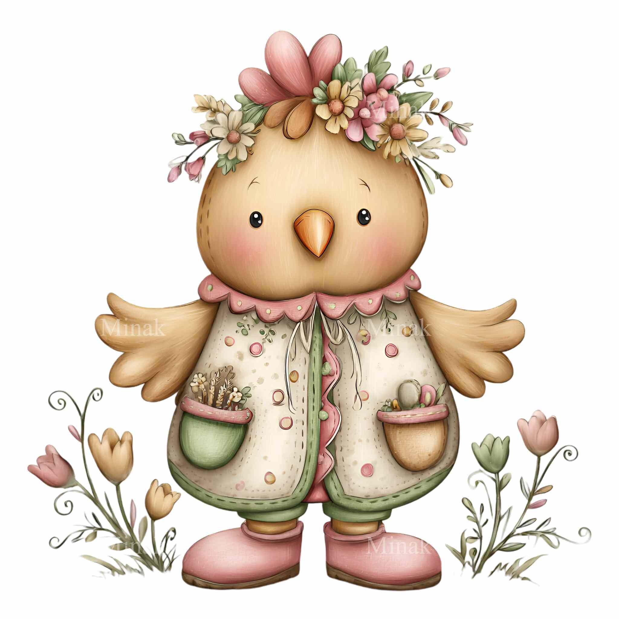 16 PNG Spring Chick Clipart – Cute Flower Crown Bird in Boots and Dress ...