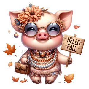 Fall Pig Clipart PNG 10 Cute Pig With Glasses, Scarf, and 'hello Fall ...