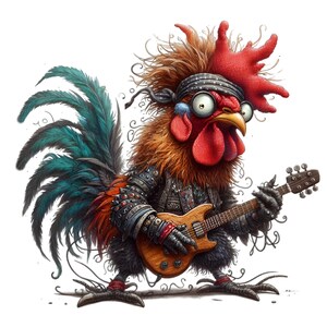 15 Rock Star Rooster PNG, Funny Chicken With Electric Guitar Clipart ...
