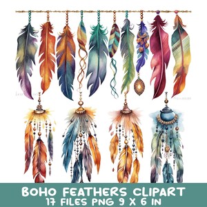 Boho Feathers Clipart Bundles, 17 PNG Watercolor Beaded Plumes Garland ...