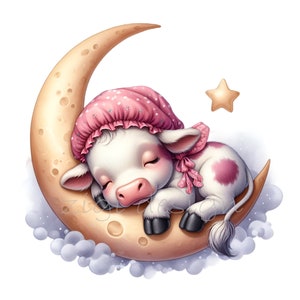 Sleeping Cow on Moon Clipart PNG - 12 Baby Cow With Nightcap ...