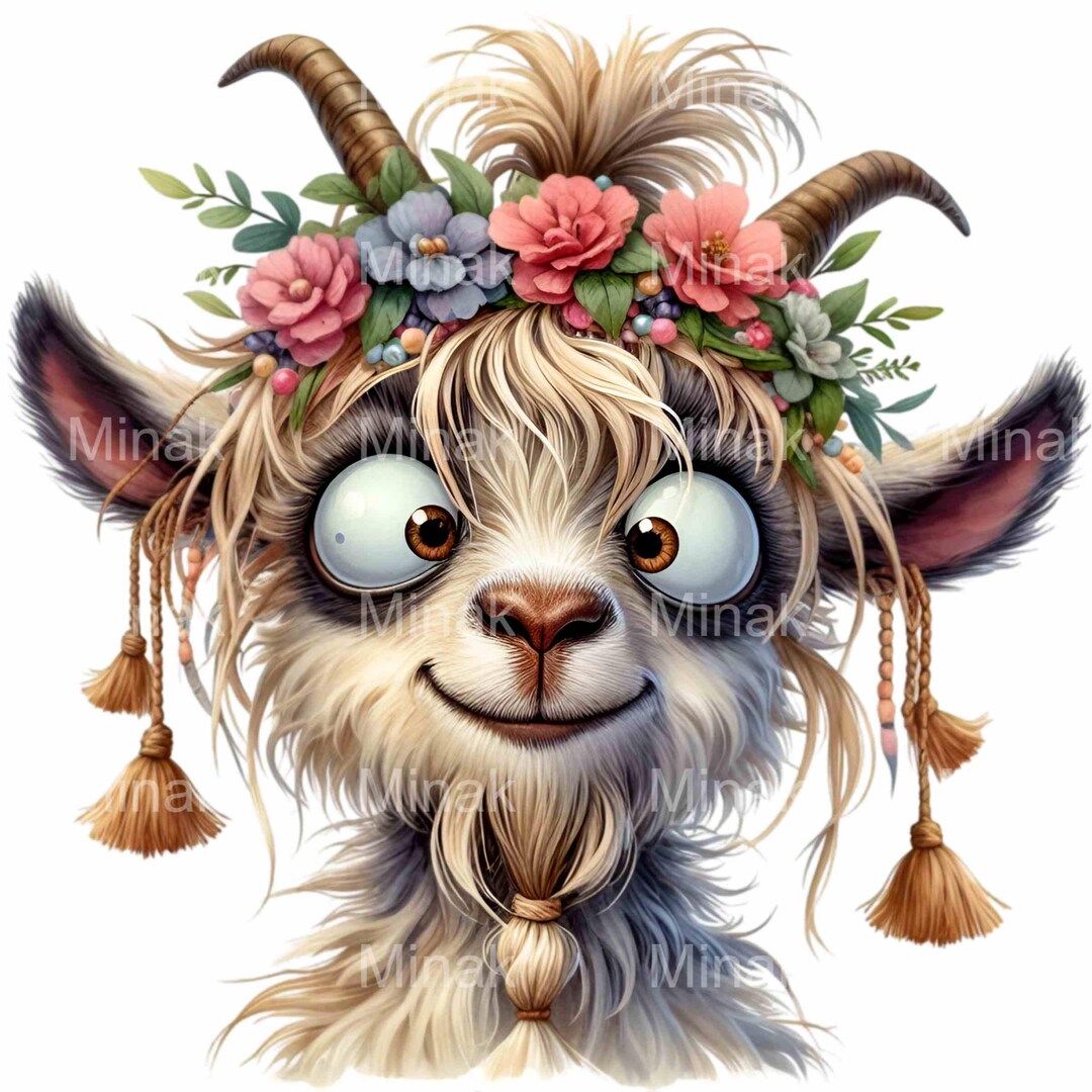 Quirky Floral Goat Clipart, 12 PNG Cute Watercolor Goat Art, Digital ...