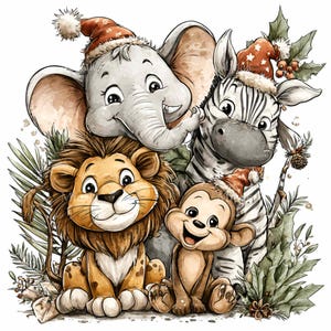 10 PNG Safari Animals Christmas Clipart – Cute Zoo PNG – Digital ...