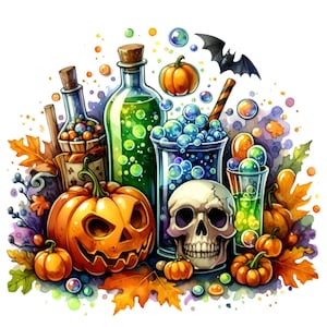 Halloween Potion Drinks With Skulls and Pumpkins Watercolor Clipart 14 ...
