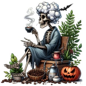Relaxing Skeleton at Spa Clipart Quirky Skeleton in Towel With Coffee ...