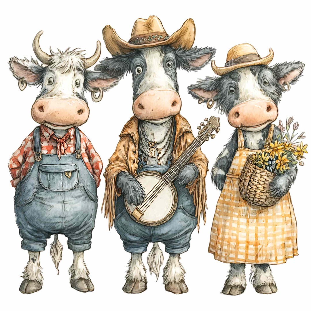 16 PNG Country Cows, Farmhouse Band Clipart, Playing Banjo - Etsy