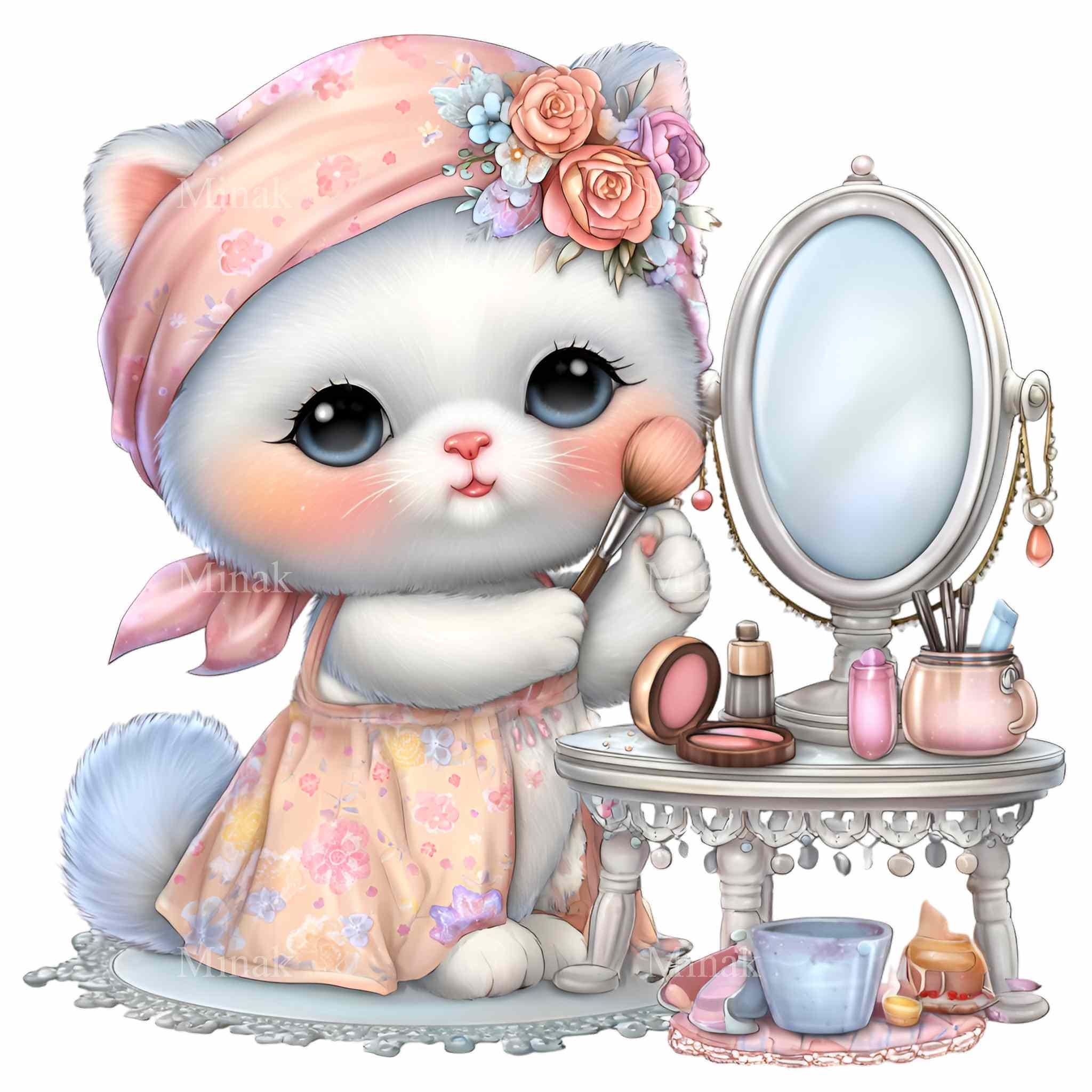 16 PNG Makeup Kitten Clipart, Cute Cat Vanity Beauty for Girls Cards ...