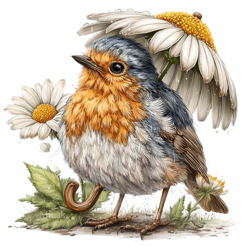 15 PNG Robin Bird Clipart, Daisy Umbrella Garden, Spring Floral ...