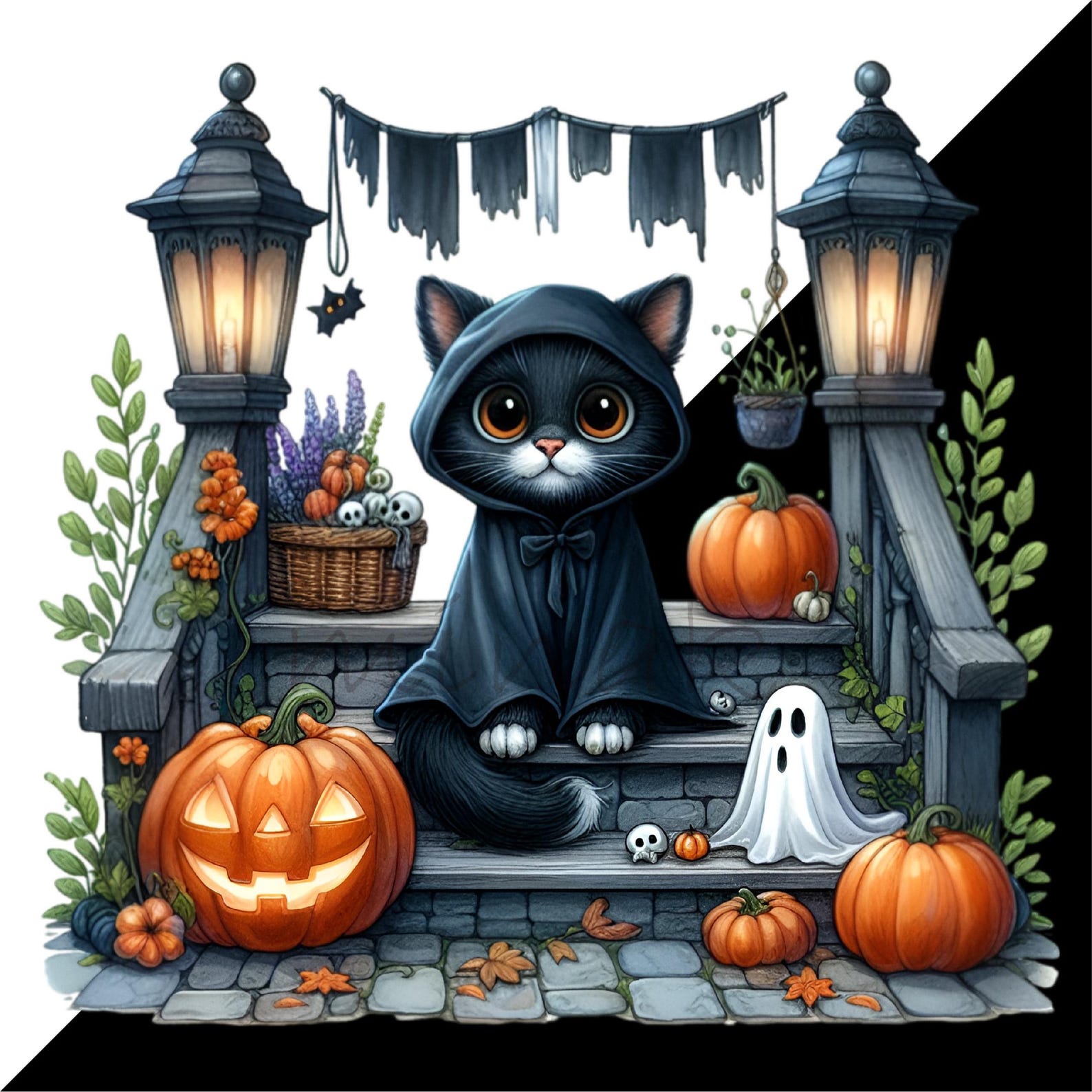 Spooky Cat in Ghost Costume With Pumpkins 12 Halloween Clipart PNG for ...