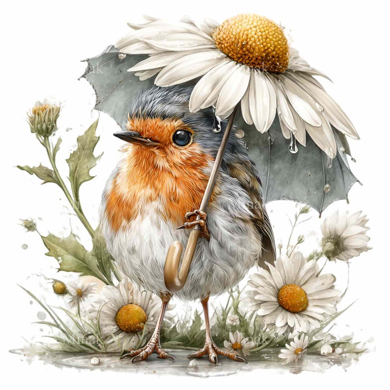 15 PNG Robin Bird Clipart, Daisy Umbrella Garden, Spring Floral ...