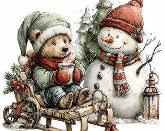 Winter Bear Clipart Set – 10 PNG Snowman & Hot Cocoa Illustrations ...