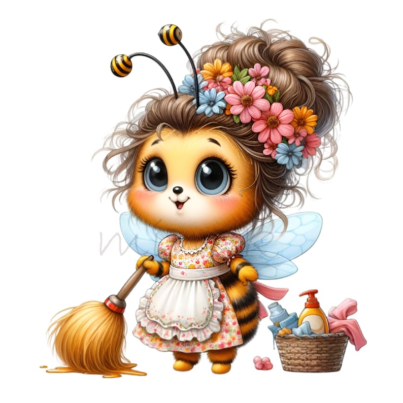 12 Housekeeper Bee PNG Clipart, Cute Cartoon Bee With Broom and Flowers ...