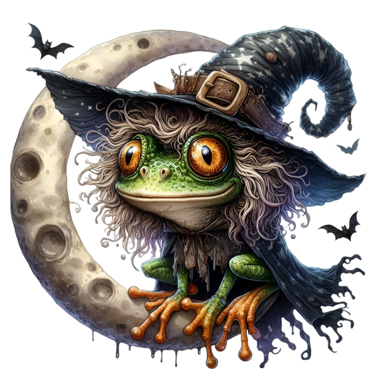 Witch Frog Clipart 12 Magical Moon & Bat PNG, Halloween Illustration ...