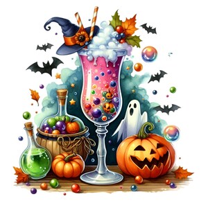 Halloween Potion Drinks With Skulls and Pumpkins Watercolor Clipart 14 ...