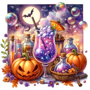 Colorful Halloween Potions and Pumpkins Watercolor Clipart 12 Festive ...