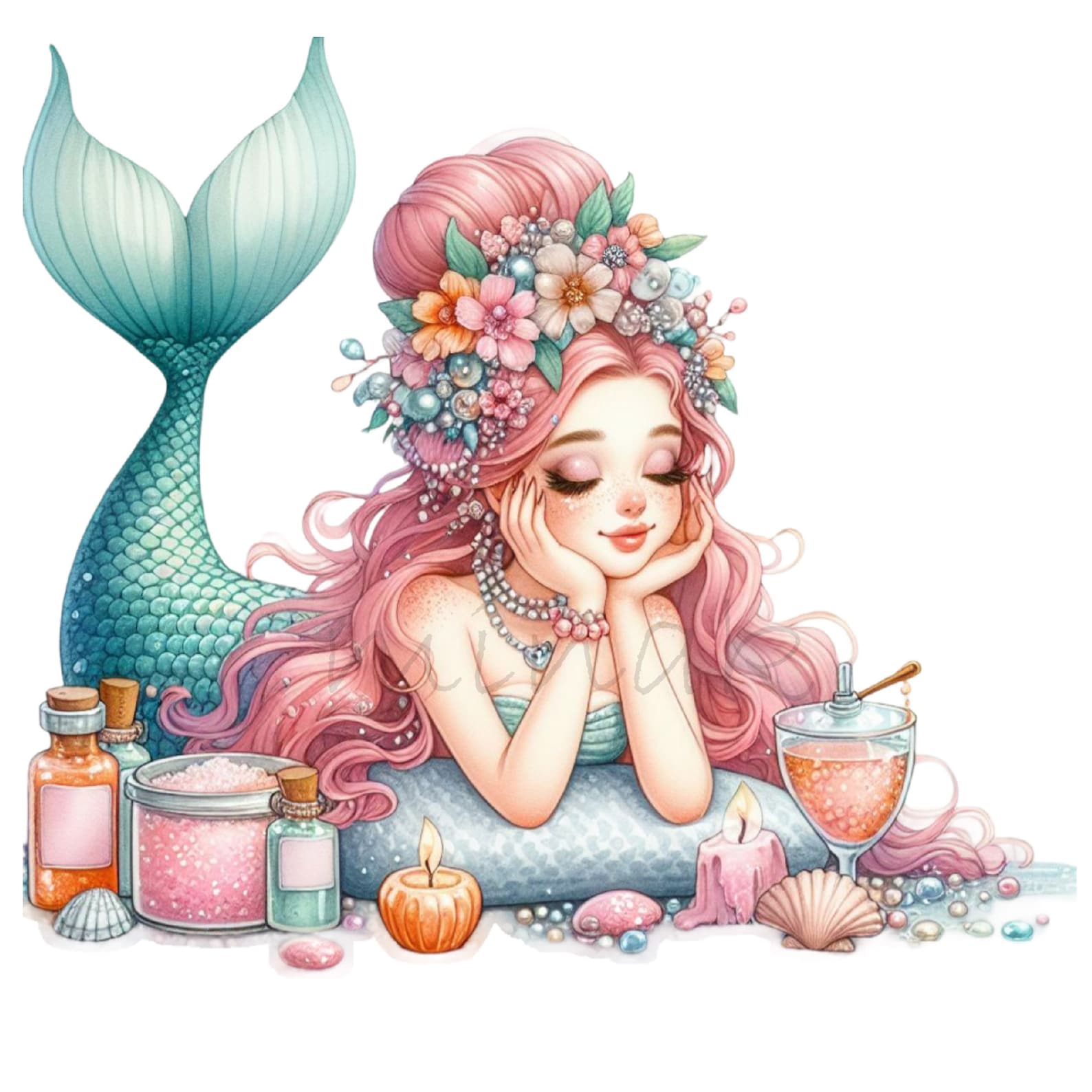 Mermaid Clip Art, Spa Clipart, 15 PNG Watercolor Bath Relaxation Clip ...